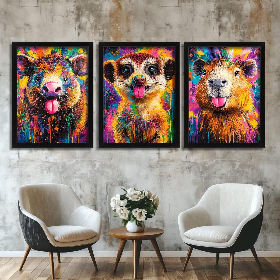 Colourful Animal Wall Art Set of 3 Prints Graffiti Style Funny Meerkat ...