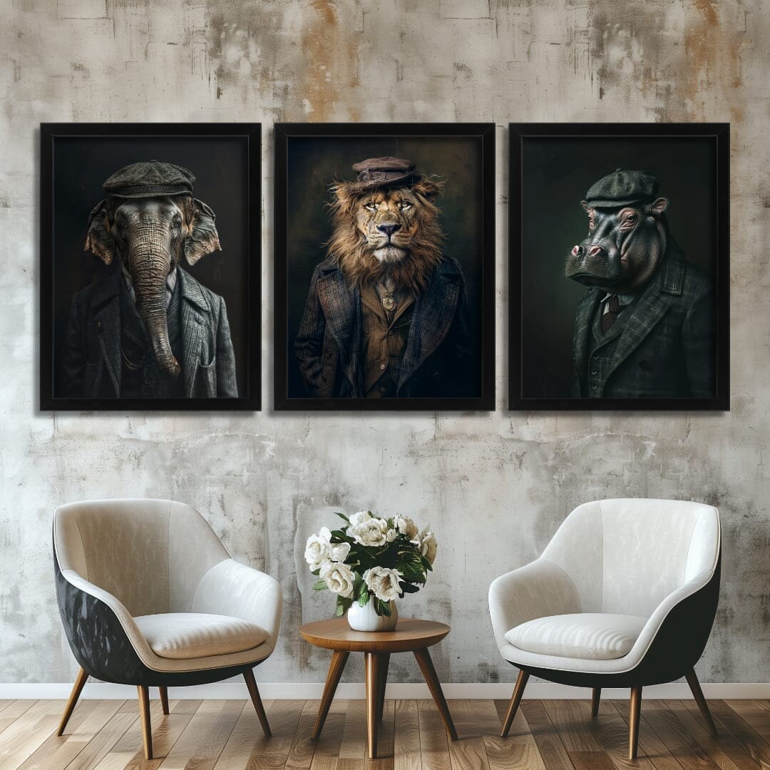 Peaky Blinders Style Animal Portraits Triptych - Lion, Elephant ...