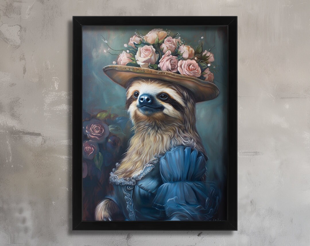 Sloth in Blue Dress Print, Sloth Poster Print, Retro Animal Wall Art ...