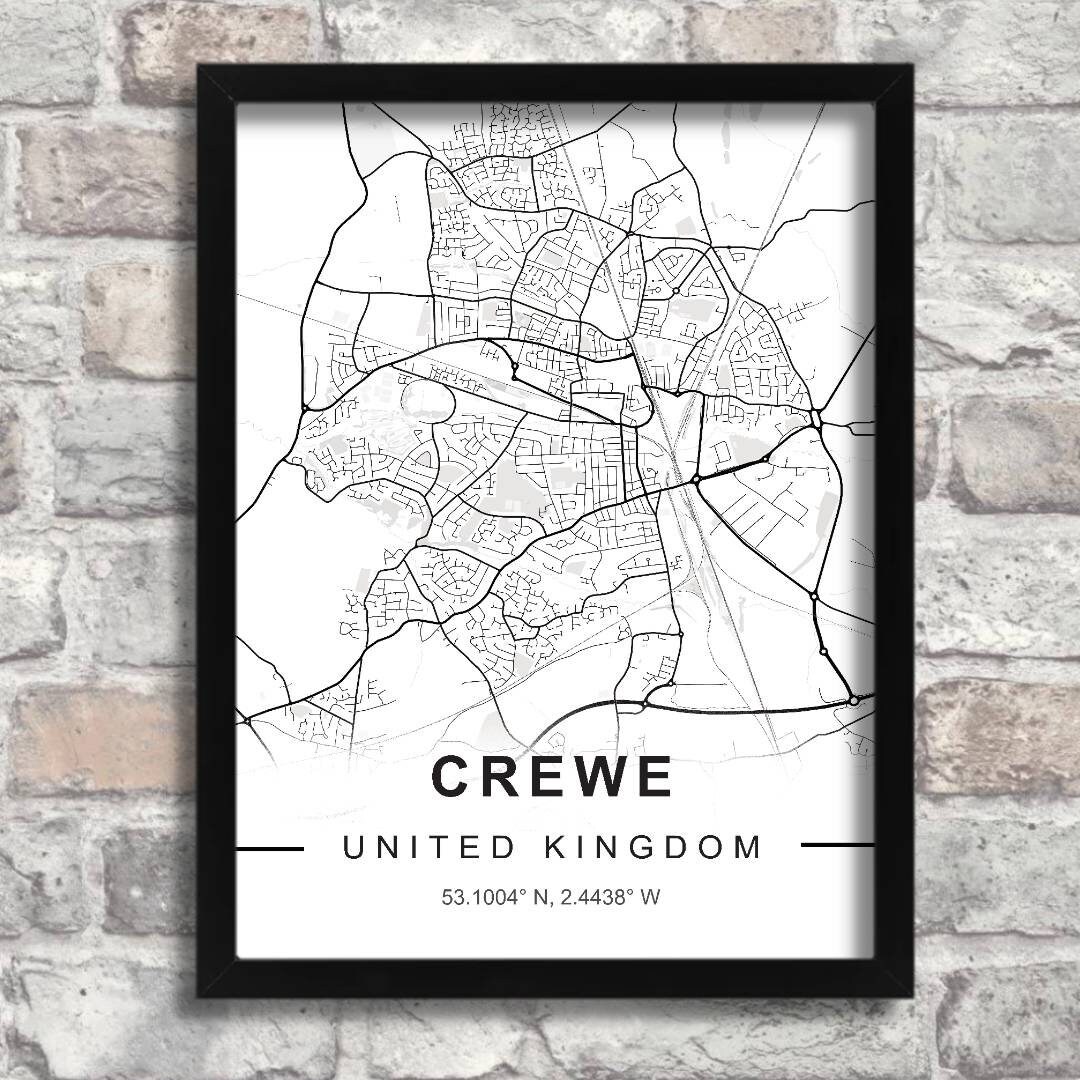 Map of CREWE Black and White Map Print, City Print, Cityscape, Framed ...