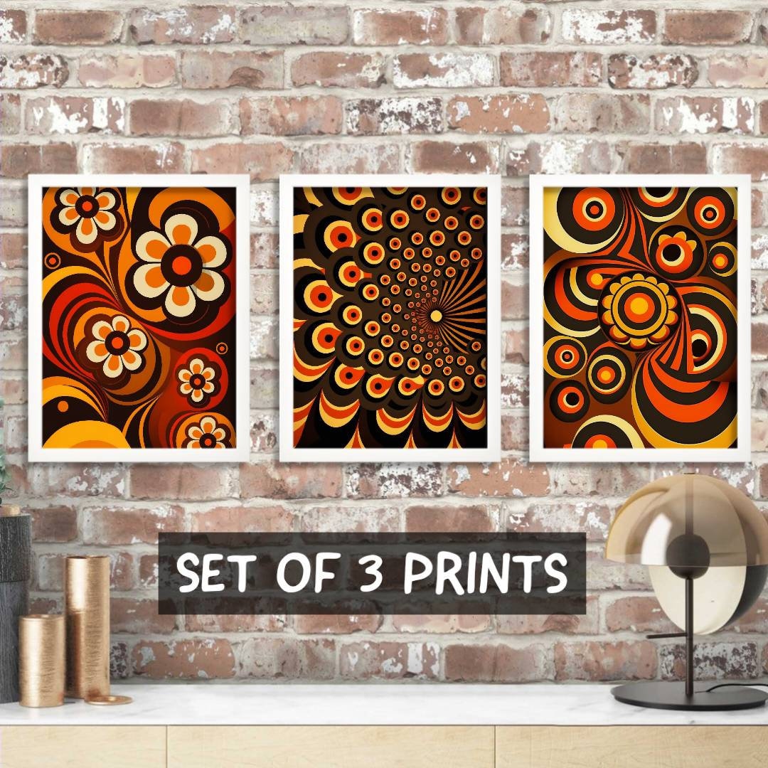Floral 60s Artwork, 70s Prints, Set of 3 Prints, Framed Art, Retro ...