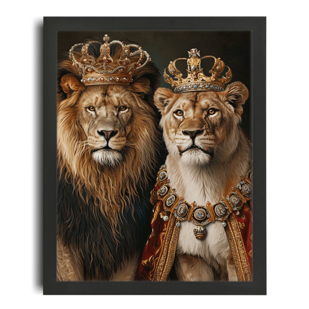 Lion King and Queen Vintage Portrait Art, Lion and Lioness Poster Art ...