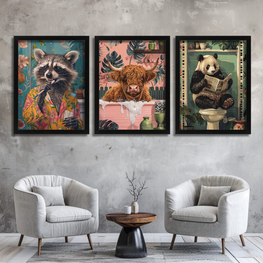 Funny Bathroom Prints Set of 3 Racoon Highland Cow in a Bath Panda ...