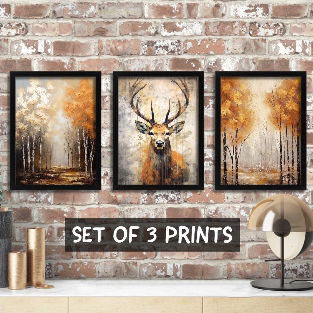 Autumn Forest and Stag Prints, Set of 3 Prints, Framed Art, Lounge Wall ...