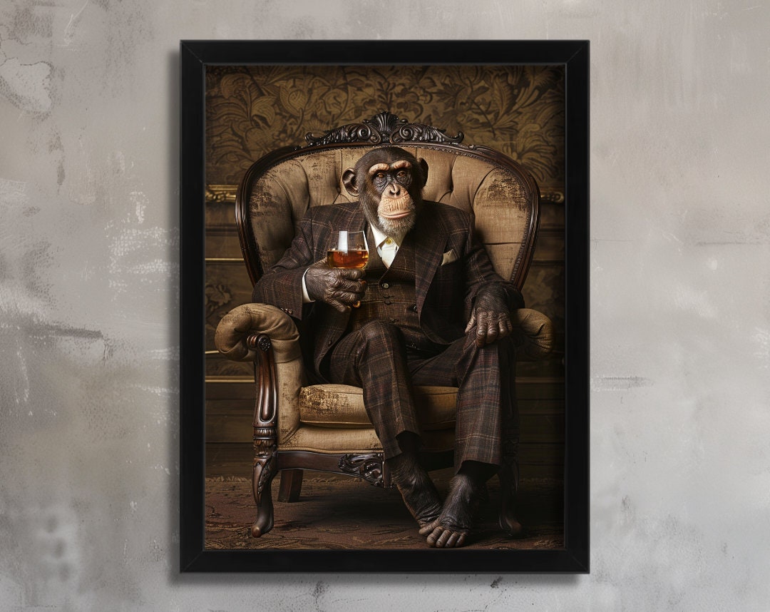 Retro Chimpanzee Portrait, Anthropomorphic Art Print, Vintage Animal ...