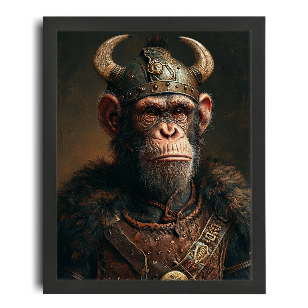 The Chimp Viking Vintage Portrait Art, Viking Animal Poster Art ...