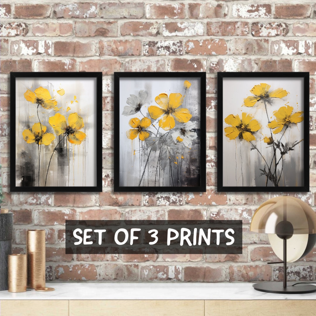 Grey and Ochre Flower Prints Set of 3, Floral Wall Art, Botanical ...