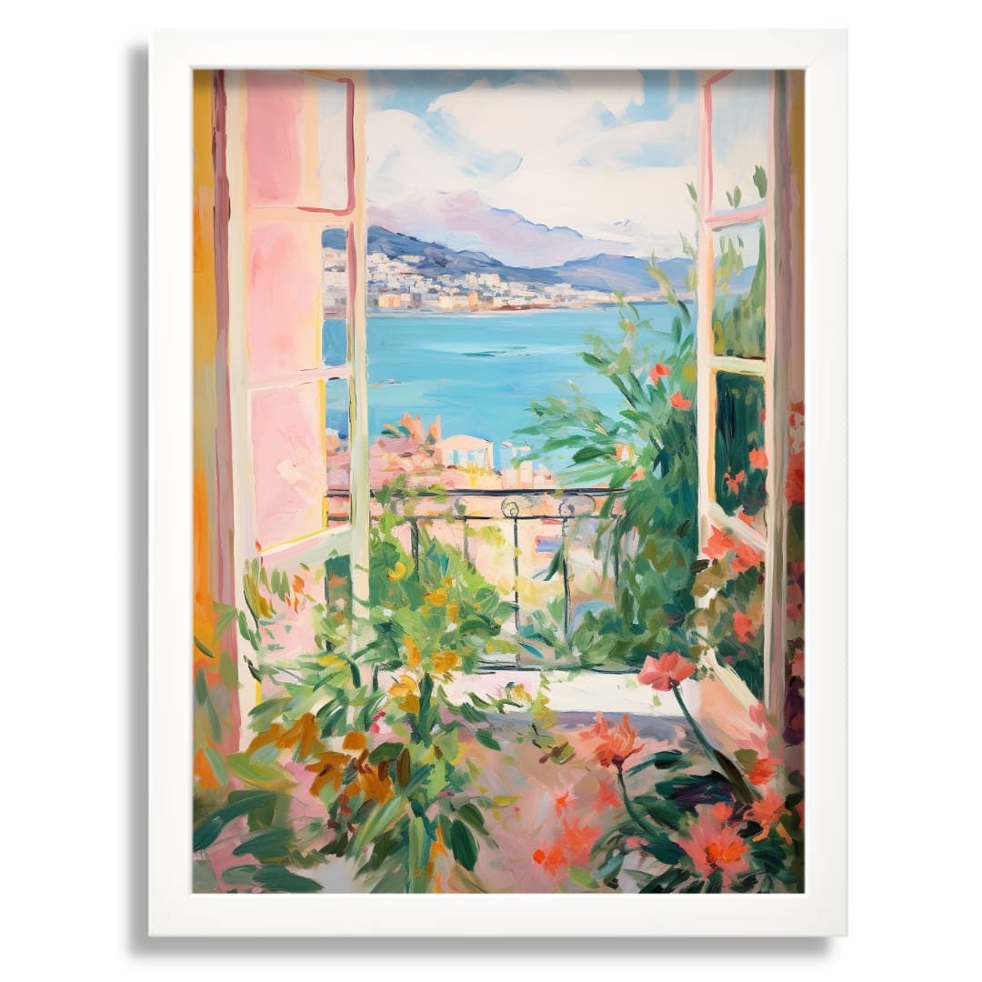 Open Window Art Poster, Acrylics Painting, Mediterranean Sea View ...