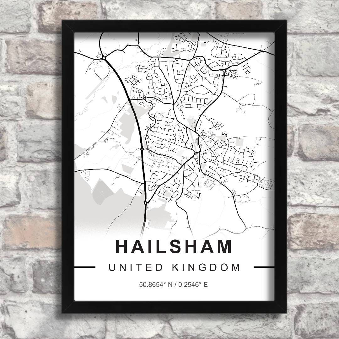 Map Of Hailsham Black And White Map Print City Print Cityscape Framed Wall Art Custom Map