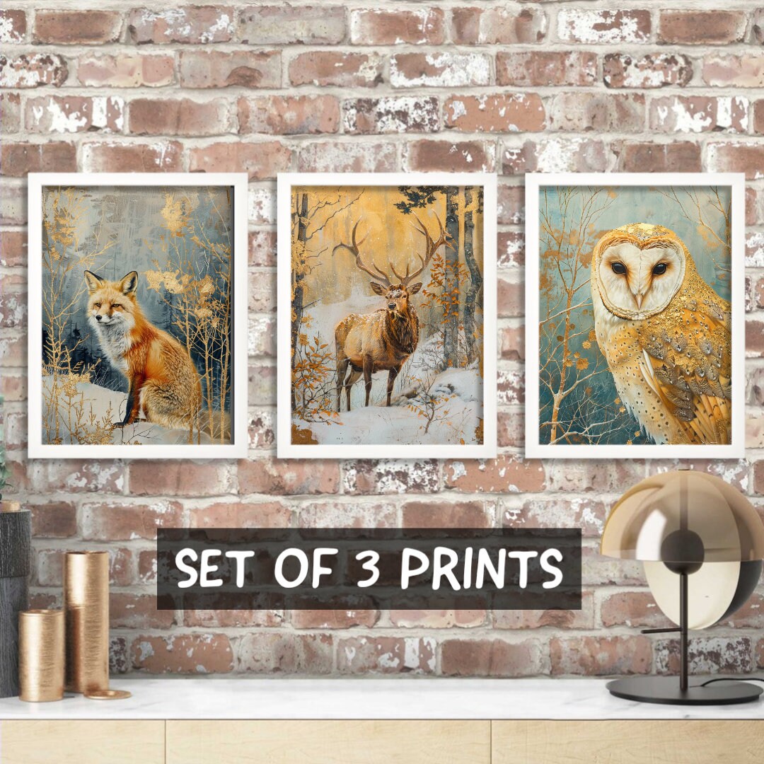 Wildlife Wall Art Set of 3 Prints Fox Deer Owl Snowy Forest Woodland ...