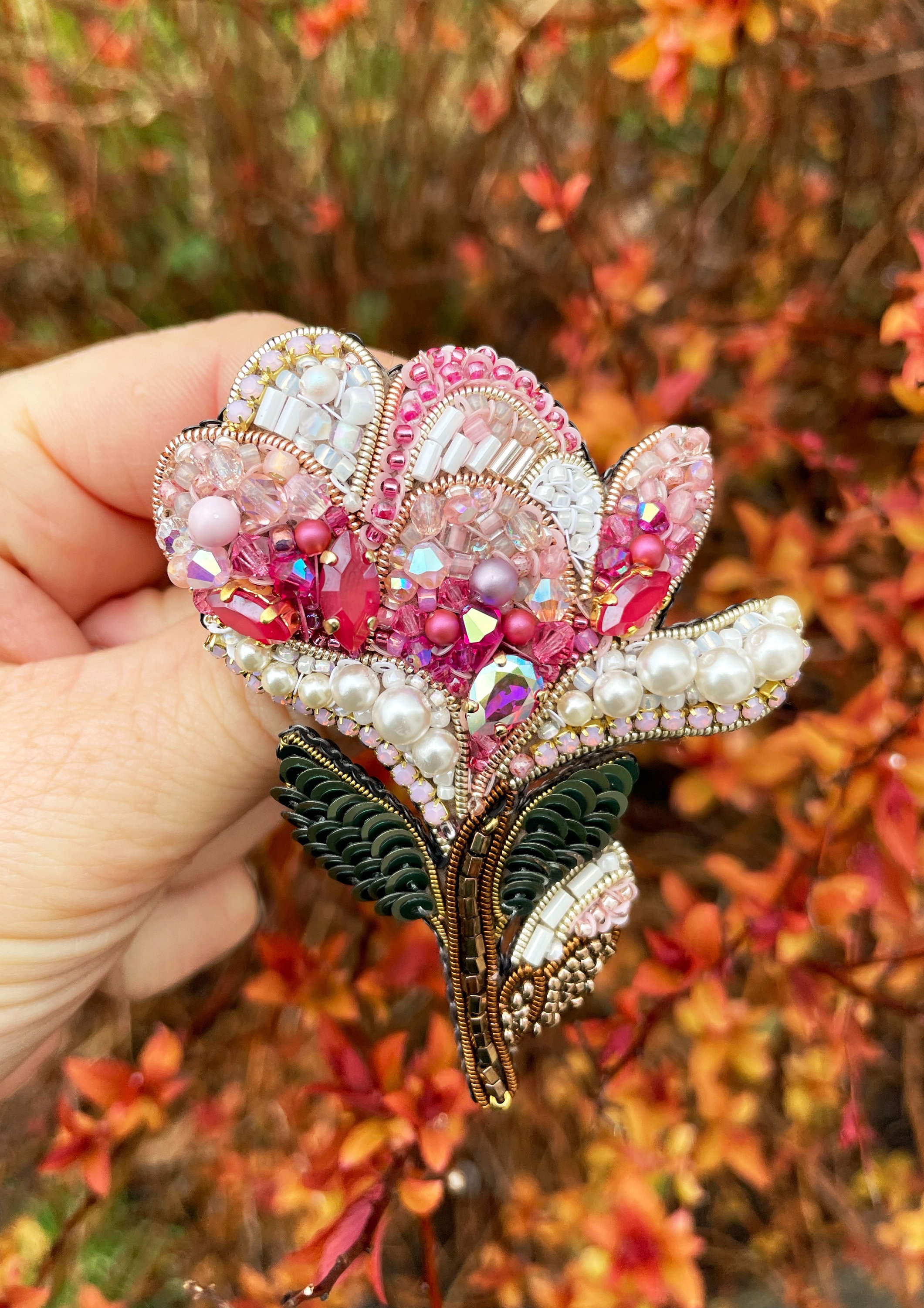 Pink Brooch Pin, Flower Brooch, Beaded Flower Brooch, Magnolia Brooch ...