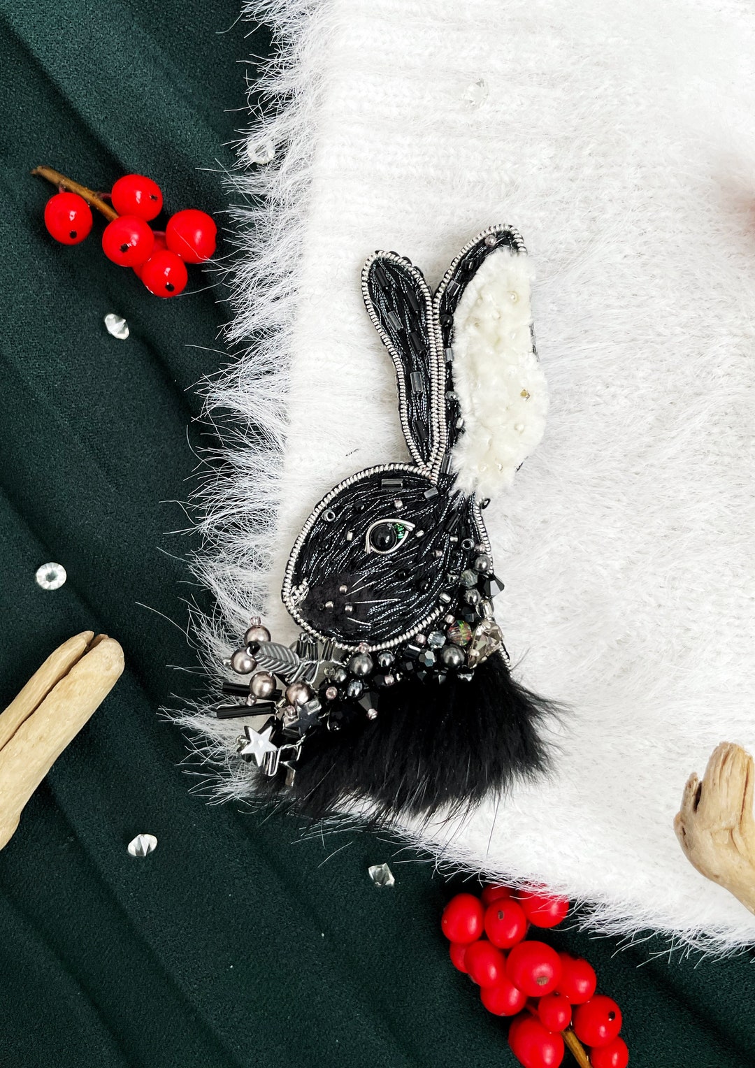 Rabbit Brooch, Rabbit Pin, Embroidered Rabbit, Beaded Brooch, Beaded ...