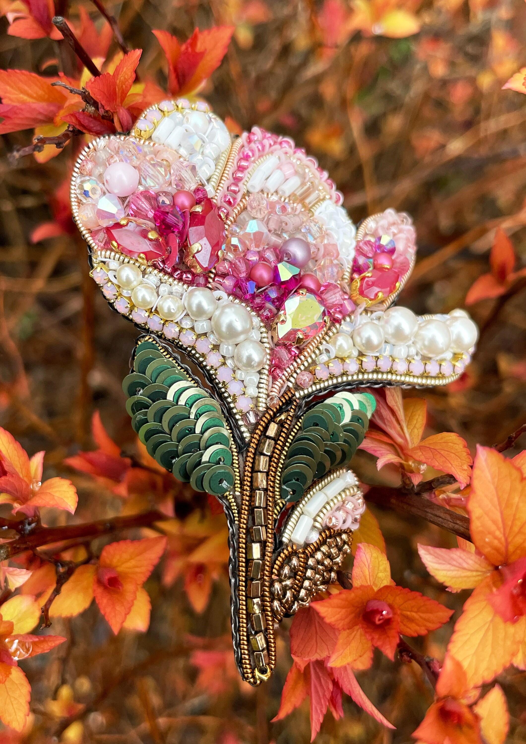 Pink Brooch Pin, Flower Brooch, Beaded Flower Brooch, Magnolia Brooch ...