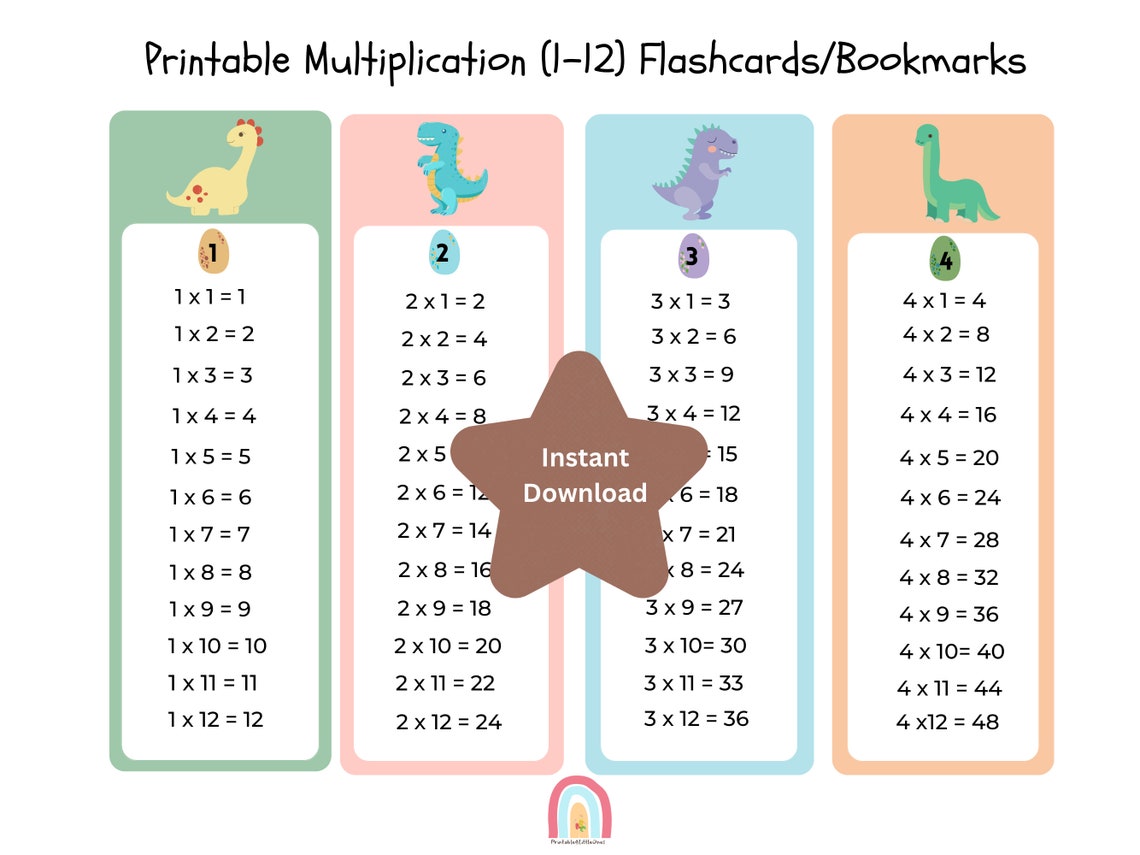 Printable Dinosaurs Multiplication Flashcards (1-12), Multiplication ...