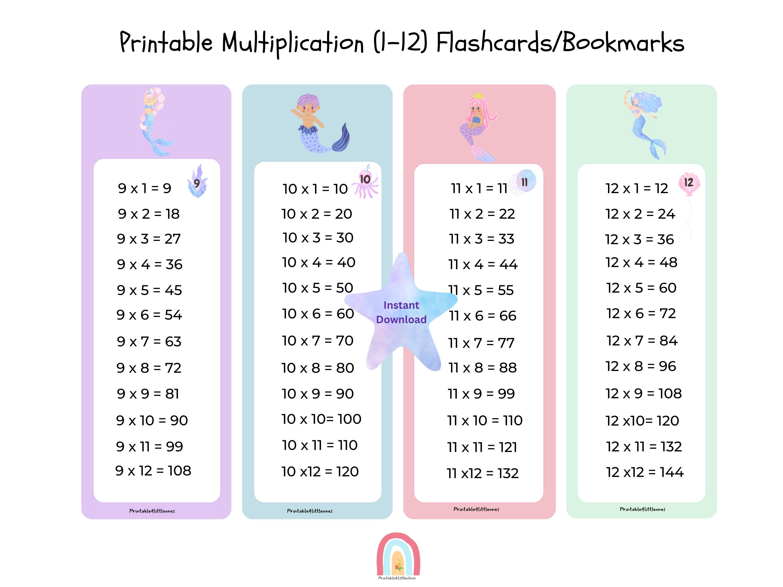 Printable Mermaid Multiplication Flashcards (1-12), Multiplication ...