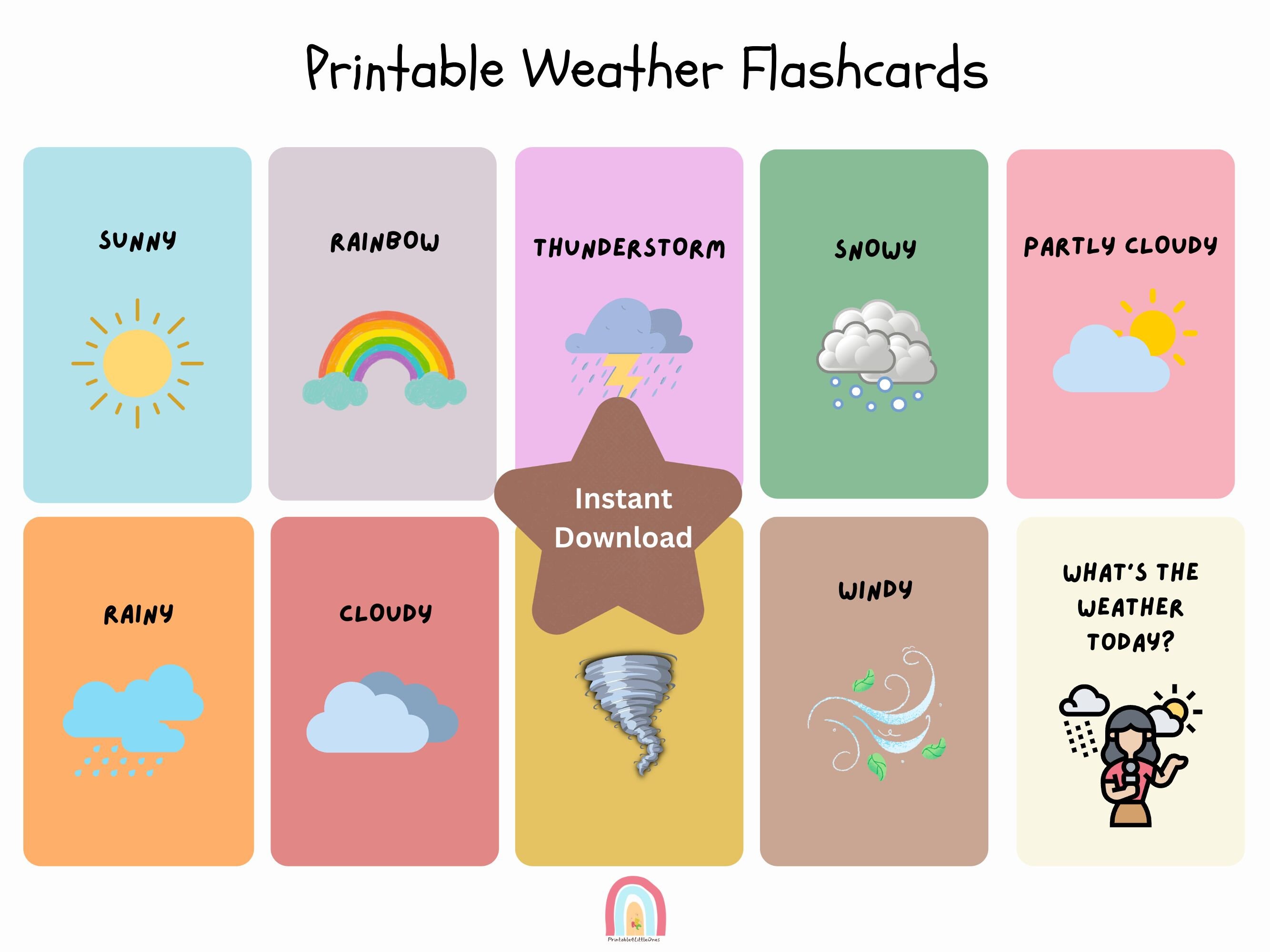 10 Weather Flash Cards,weather Printable Cards,preschool Flashcards ...