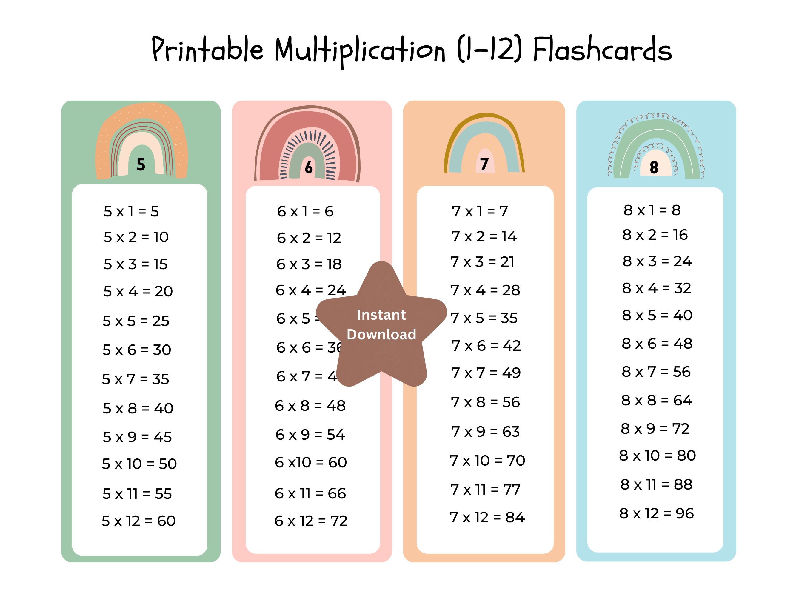 Printable Rainbow Multiplication Flashcards (1-12), Multiplication ...