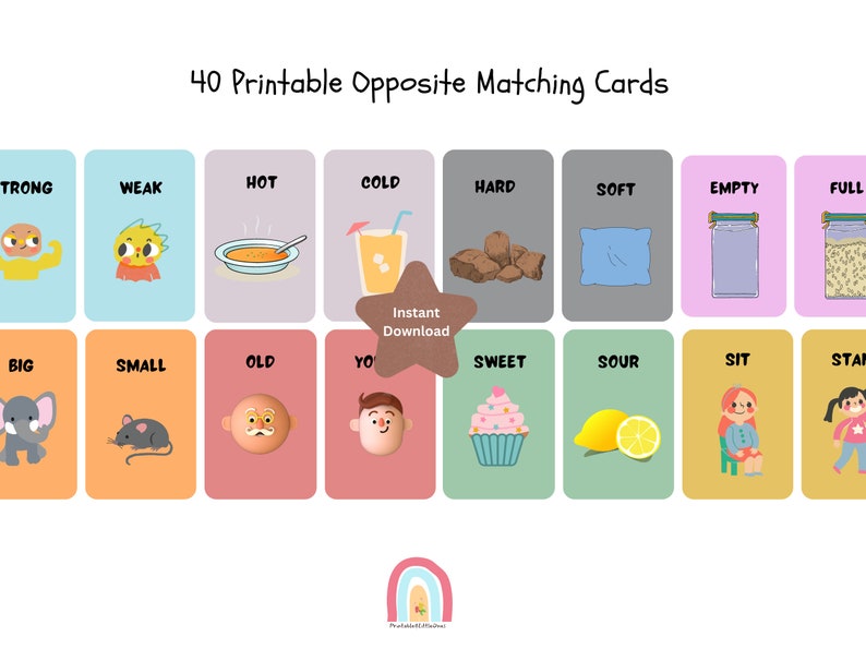 40 Printable Opposites Matching Flashcards,opposite Adjectives, Pairing ...