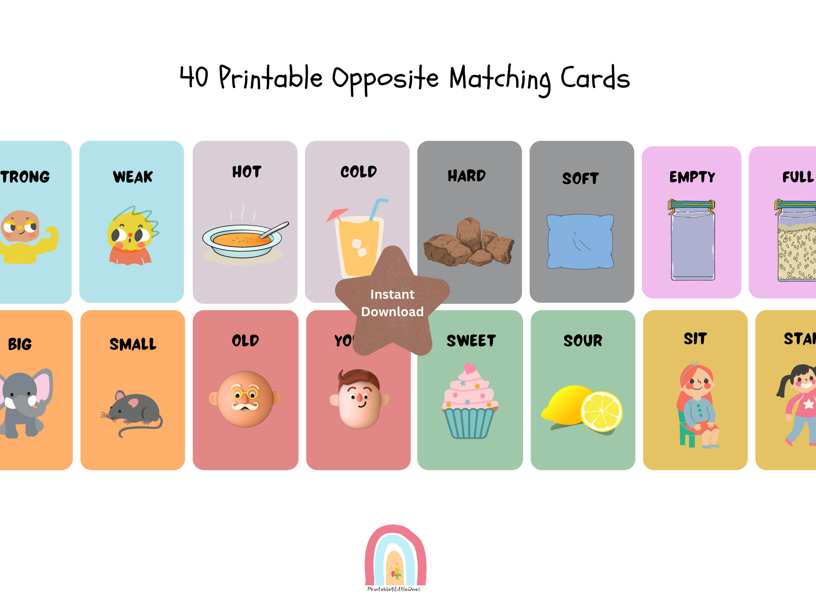 40 Printable Opposites Matching Flashcards,opposite Adjectives, Pairing ...