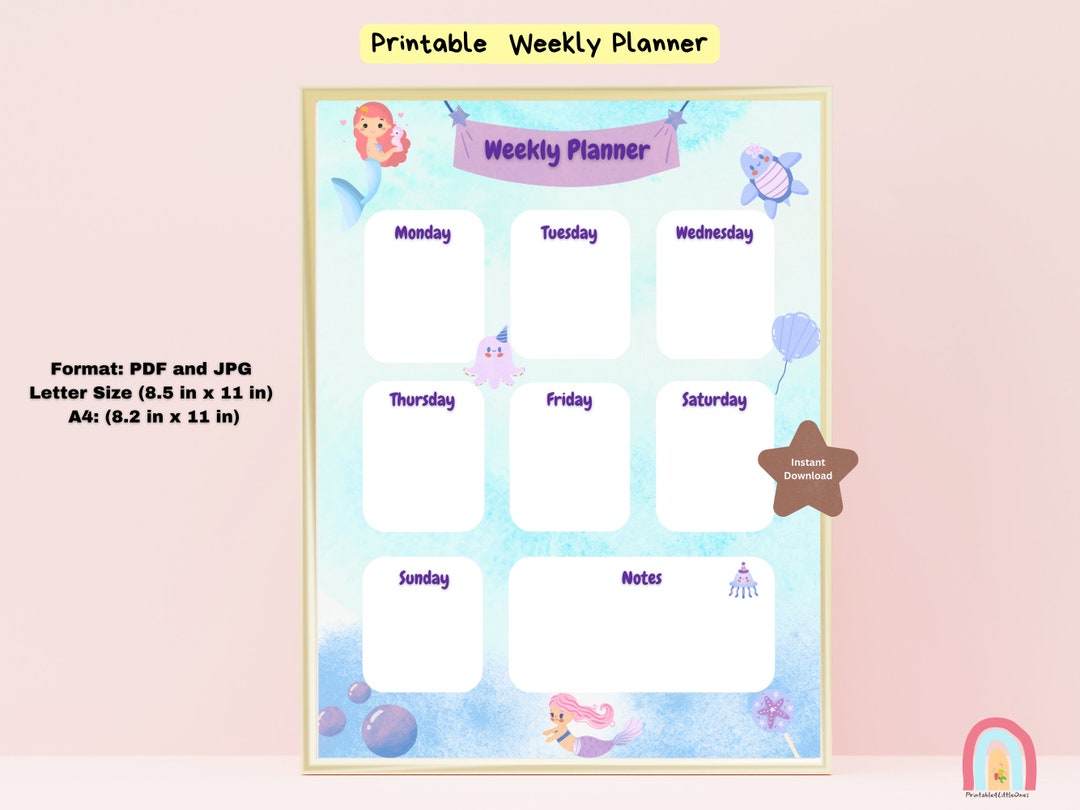Kids Weekly Planner,mermaid Theme Planner, Kids Daily Planner ...