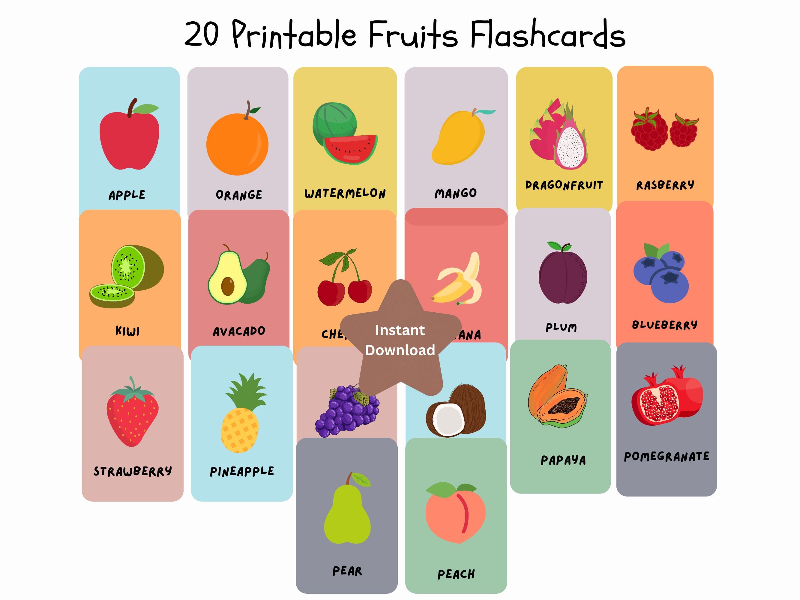 20 Fruits Flashcards, Flashcards to Learn , Montessori Flashcards ...