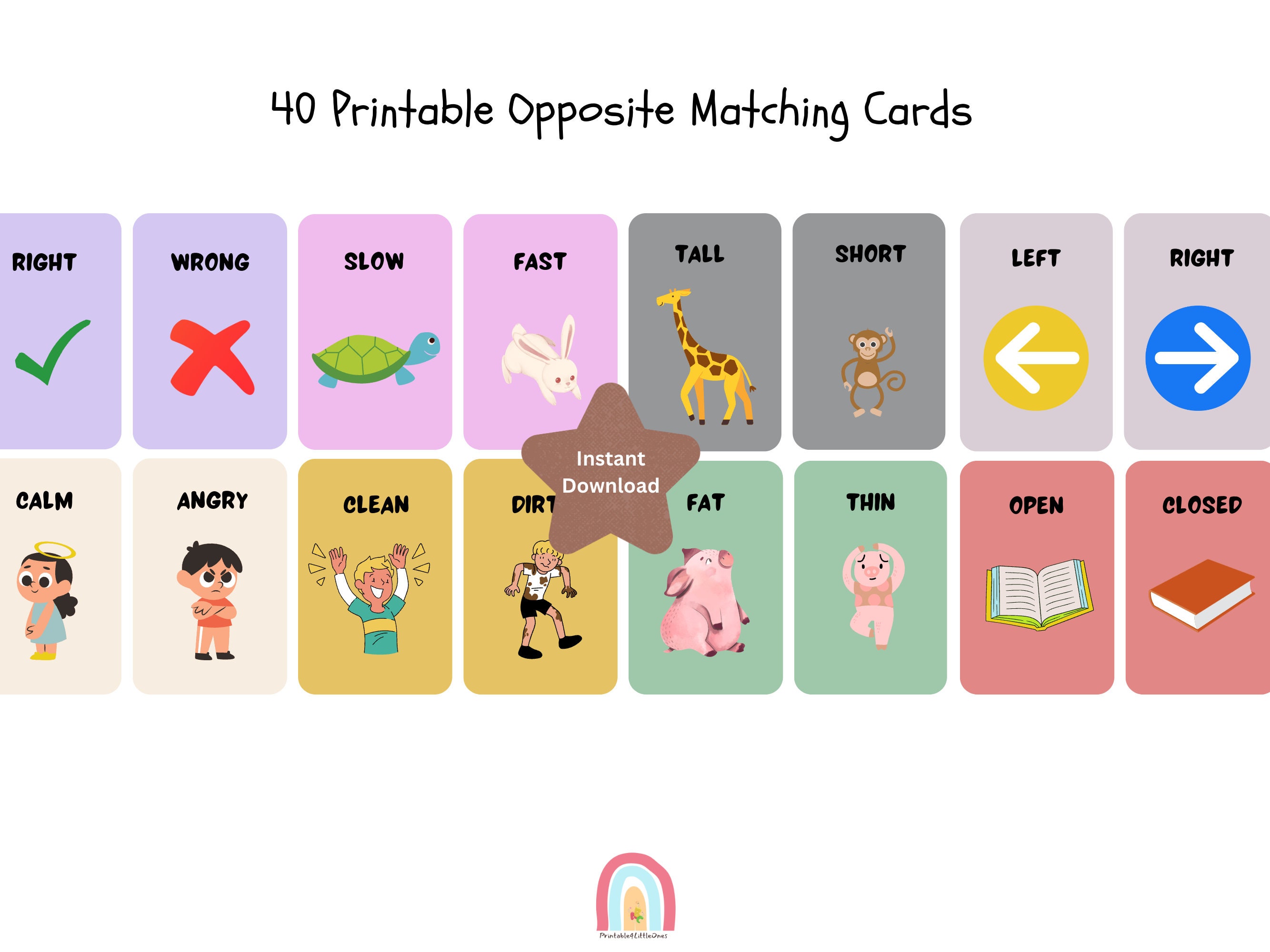 40 Printable Opposites Matching Flashcards,opposite Adjectives, Pairing ...