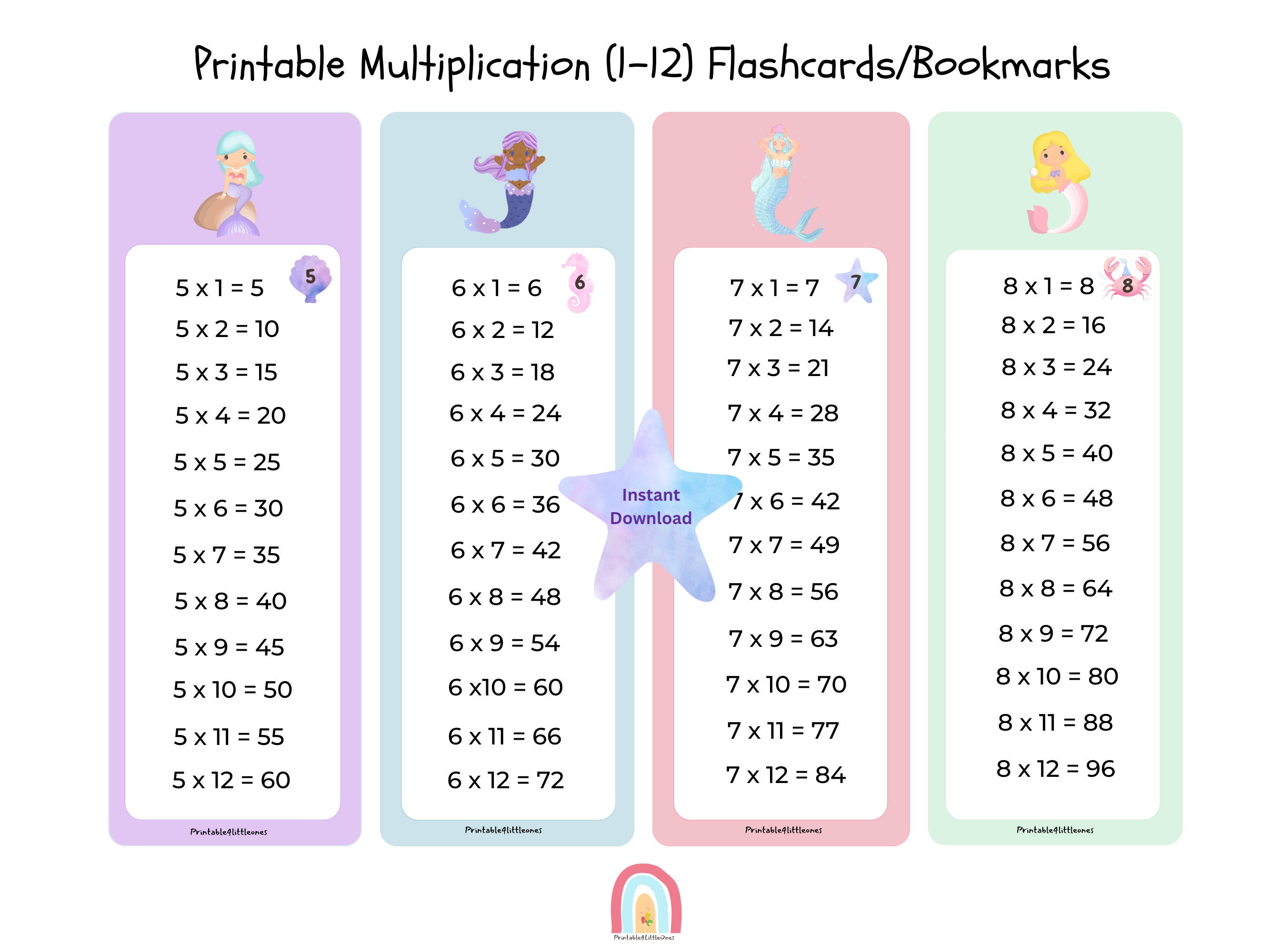 Printable Mermaid Multiplication Flashcards (1-12), Multiplication ...