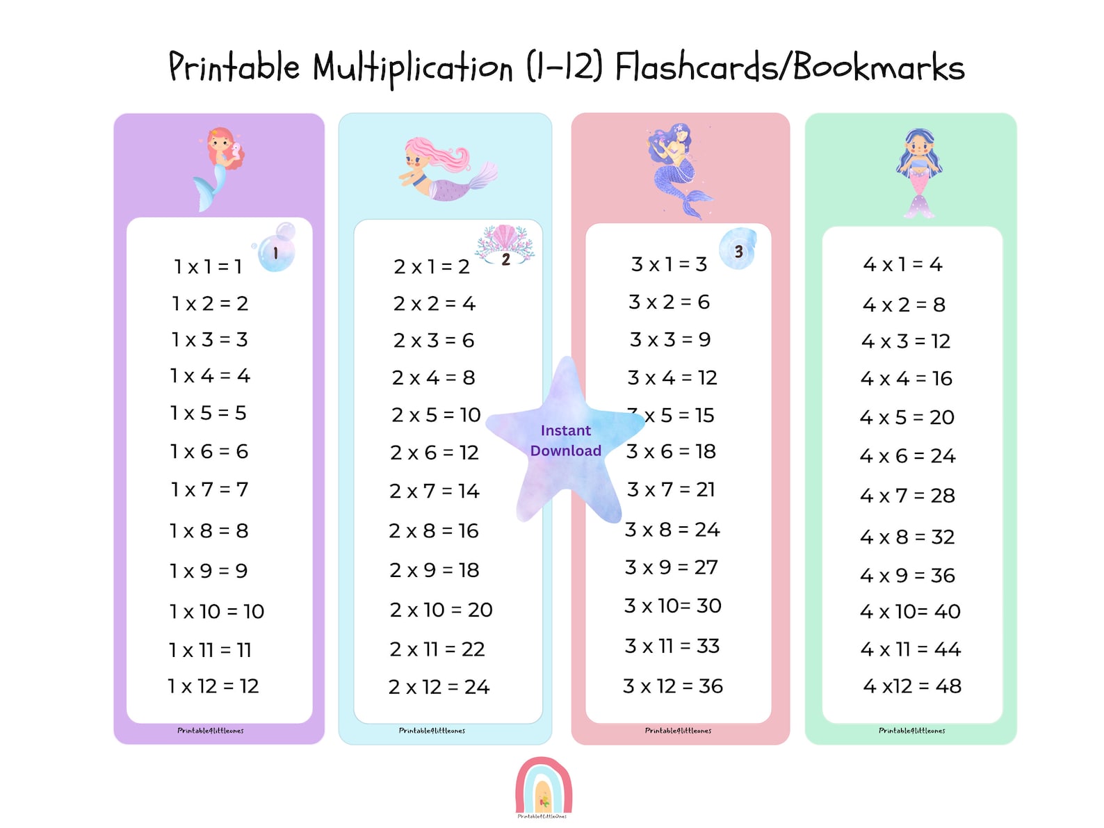 Printable Mermaid Multiplication Flashcards (1-12), Multiplication ...