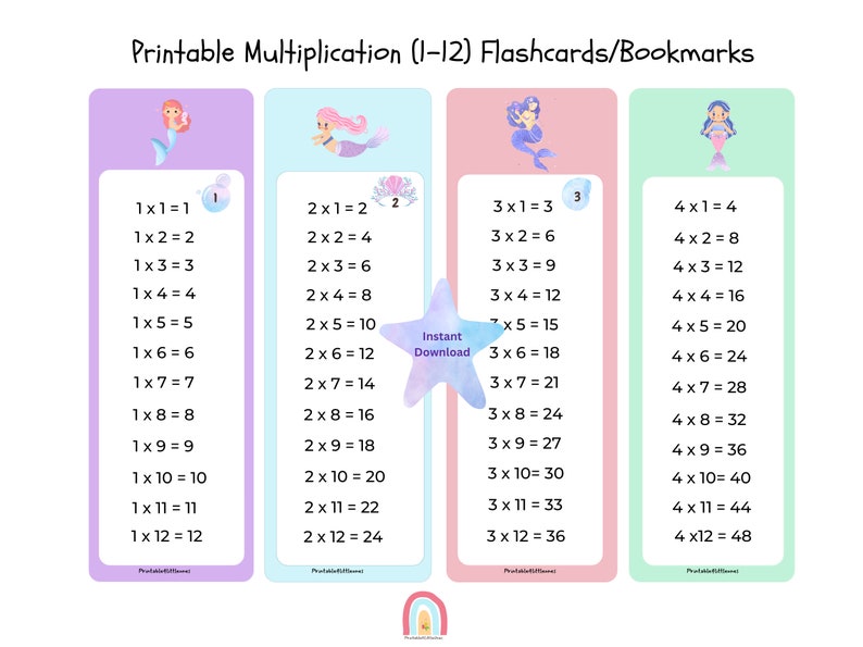 Printable Mermaid Multiplication Flashcards (1-12), Multiplication ...