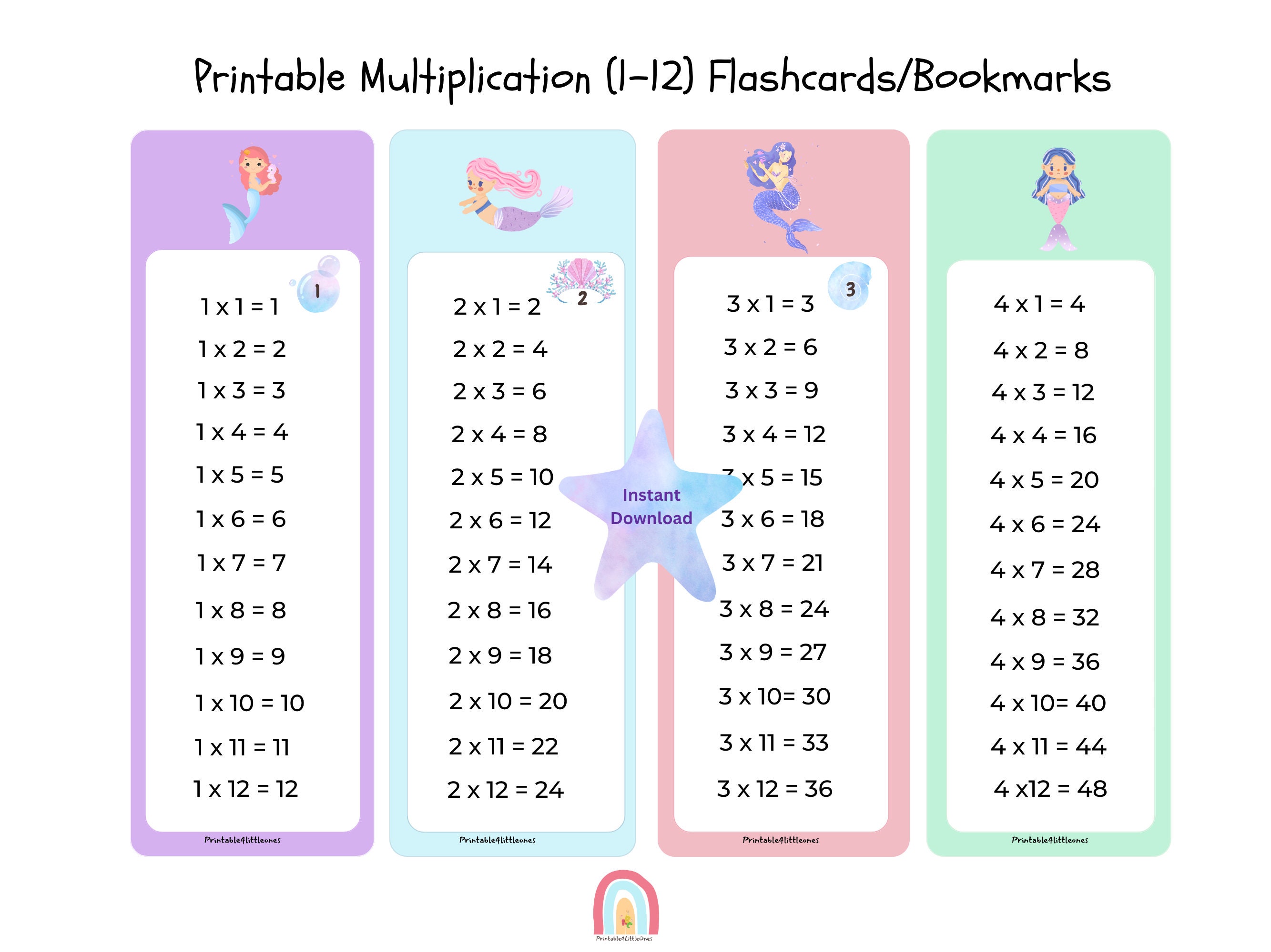 Printable Mermaid Multiplication Flashcards (1-12), Multiplication ...