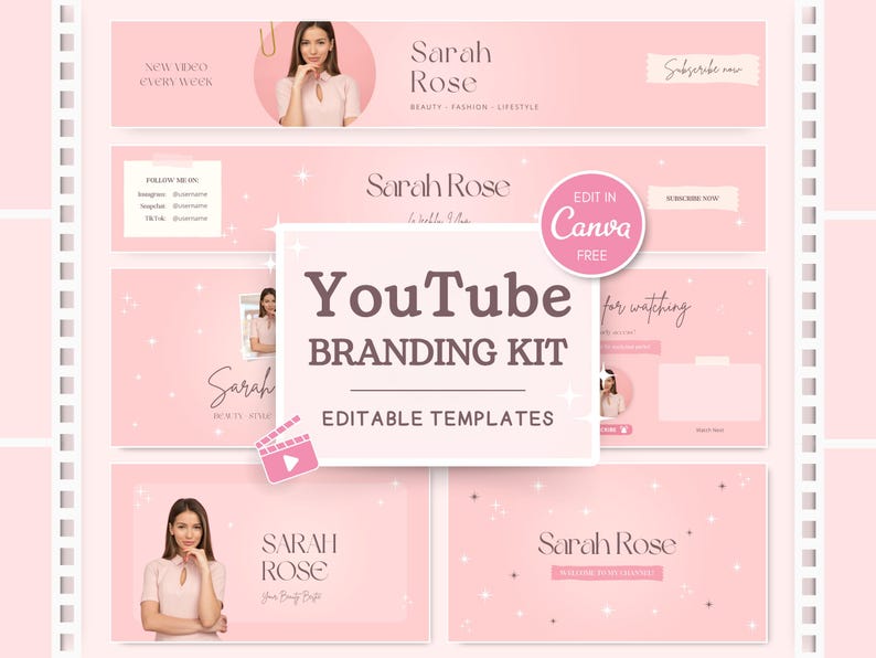 Pink Youtube Banner, Youtube Intro, Outro and Watermark Youtube Branding Kit With Editable ...