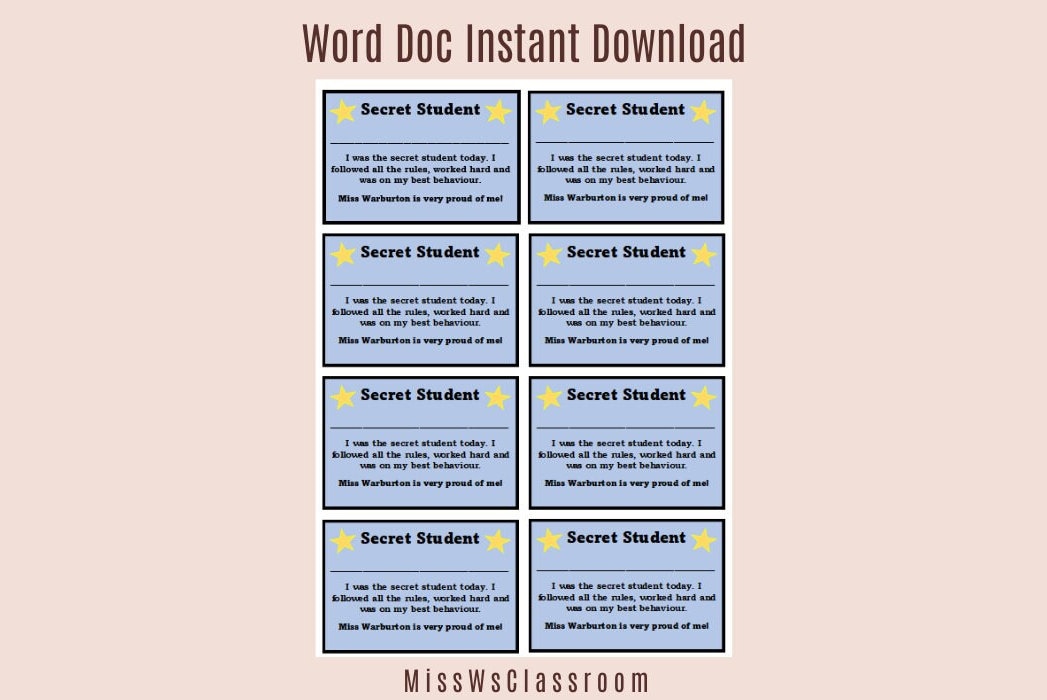 Secret Student Editable Cards Digital Download Teacher Classroom Reward ...