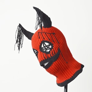 Red Devil Horns Crochet Balaclava: Handmade Knit Mask With Smile and ...