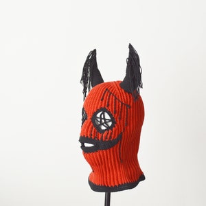 Red Devil Horns Crochet Balaclava: Handmade Knit Mask With Smile and ...