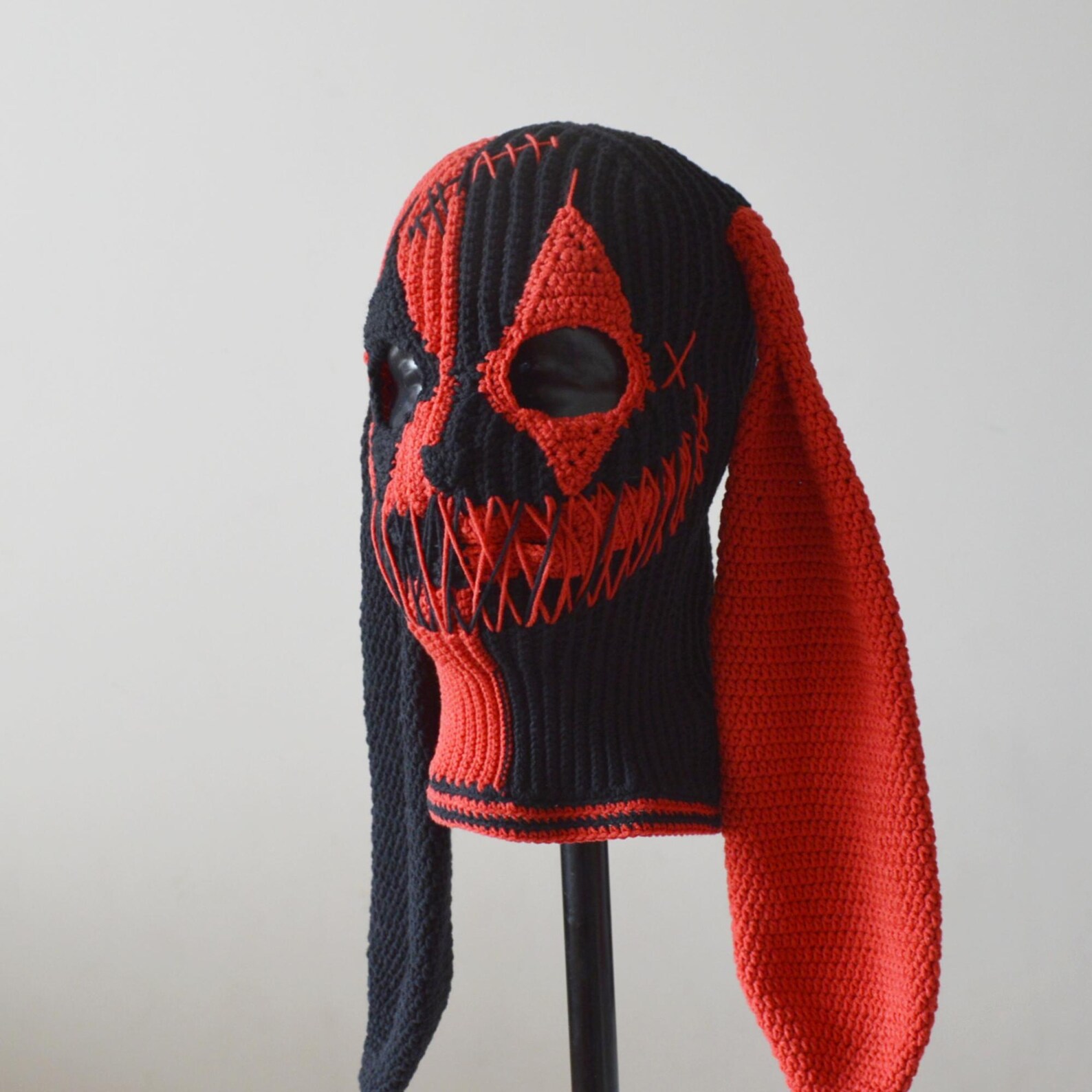 Custom Crochet Joker Bunny Ears Balaclava: Red and Black Knit Ski Mask ...