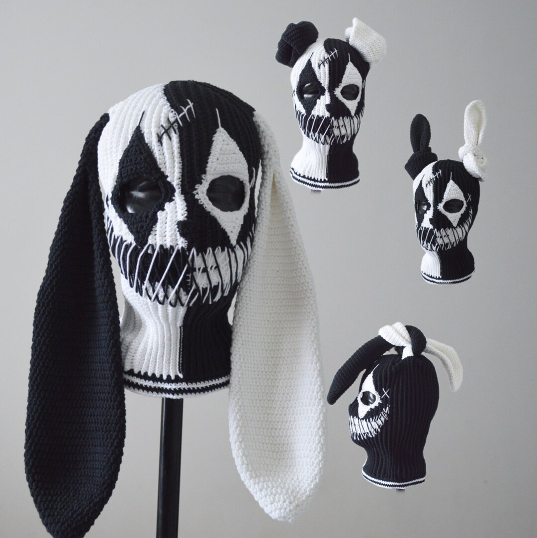 Custom Crochet Joker Bunny Ears Balaclava: Black & White Handmade Knit ...