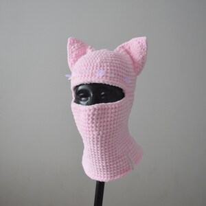 Knit Pink Cat Balaclava Mask Crochet Velvet Beanie Ski Hat With Ears ...