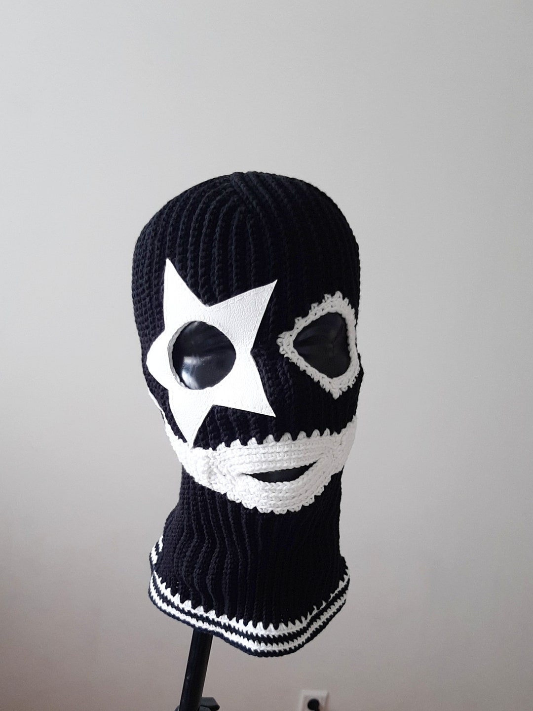Custom Crochet Artistic Balaclava: Handmade Black Knit Ski Mask With ...