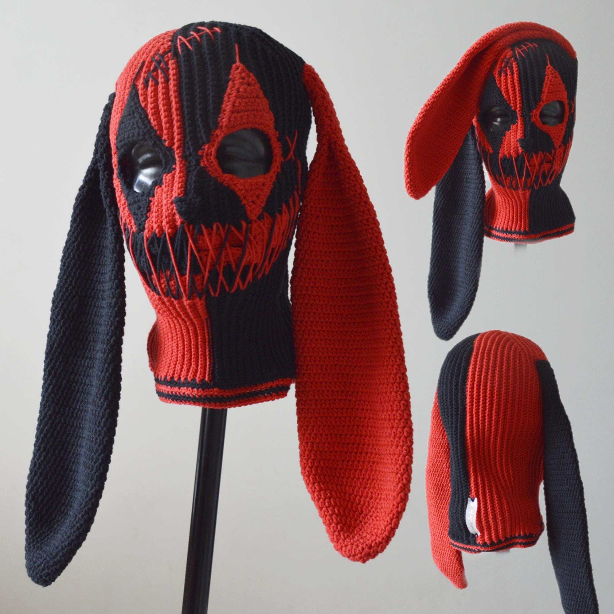 Custom Joker Bunny Ears Ski Mask Black and Red Color Crochet Creepy ...