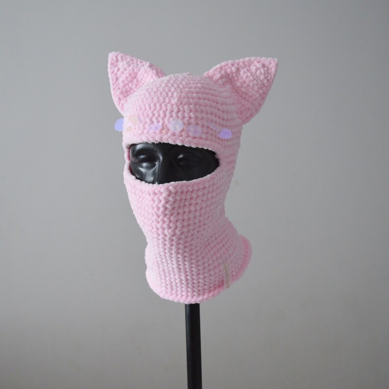 Knit Pink Cat Balaclava Mask Crochet Velvet Beanie Ski Hat With Ears ...
