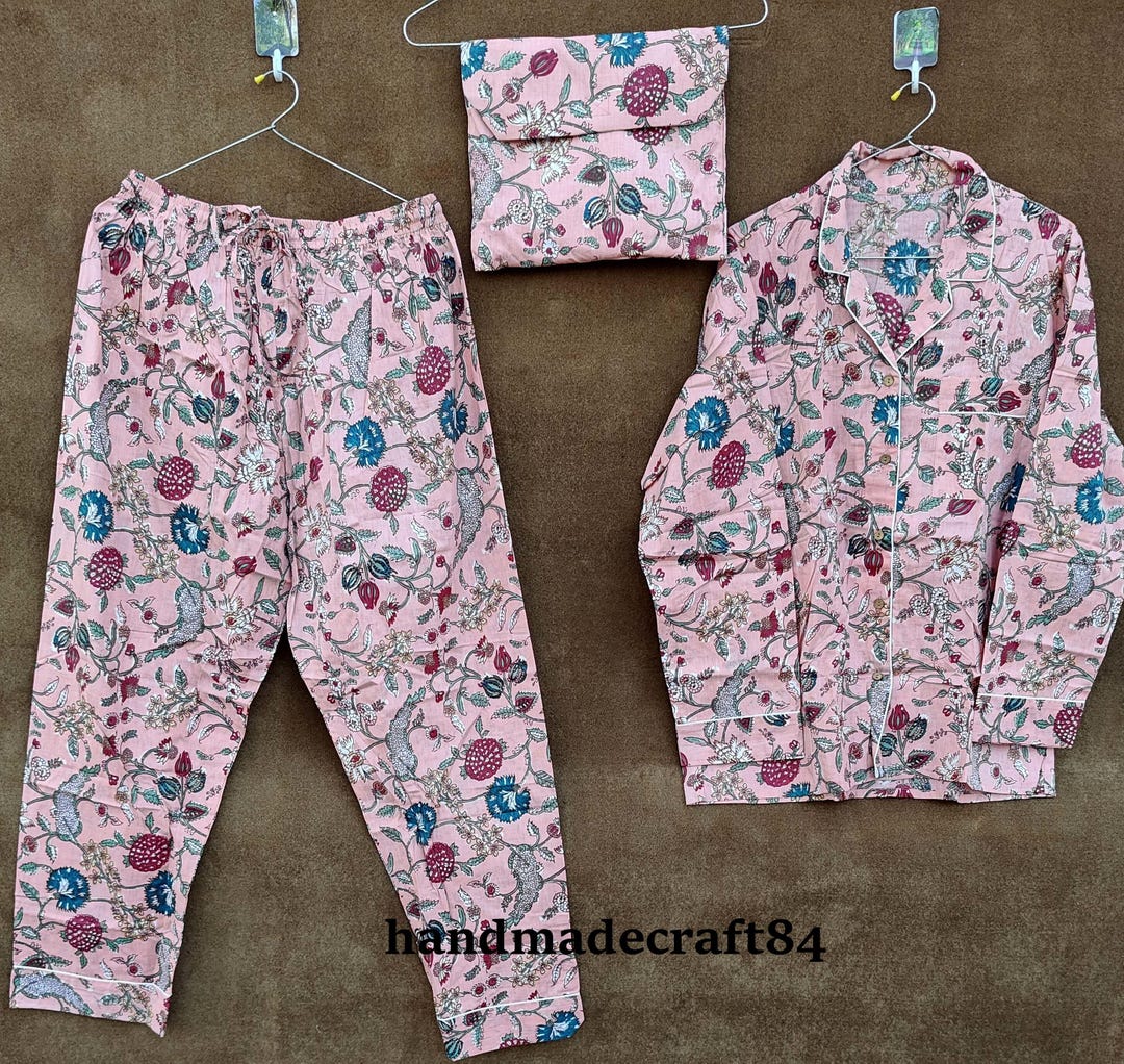 Hand Block Print Cotton PJ Set, Indian Pyjamas Nightwear Dress, Gifts ...
