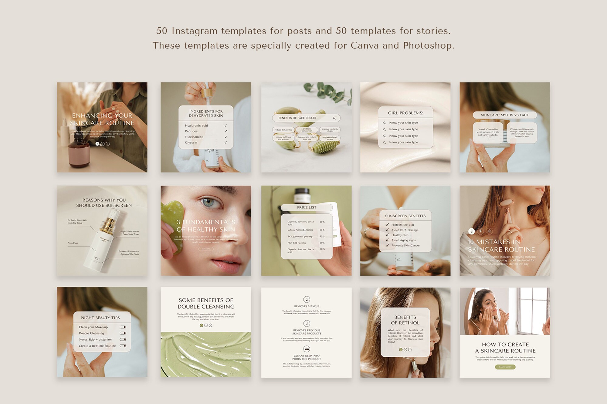 Beauty Instagram Templates for Canva Photoshop Beige Green Skin Care ...