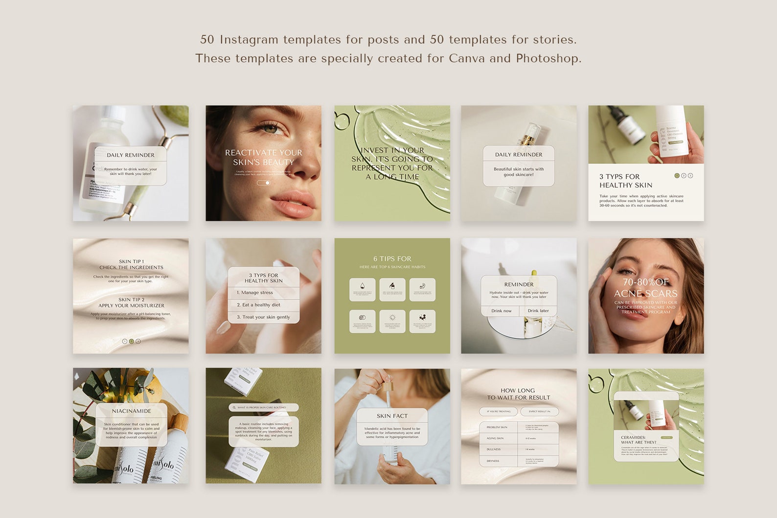 Beauty Instagram Templates for Canva Photoshop Beige Green Skin Care ...