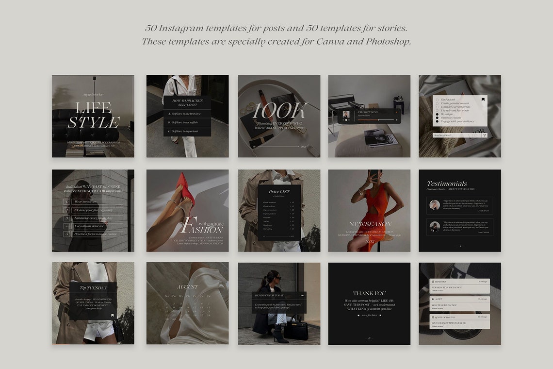 600 Aesthetic Instagram Templates Canva and Photoshop, Black Instagram ...