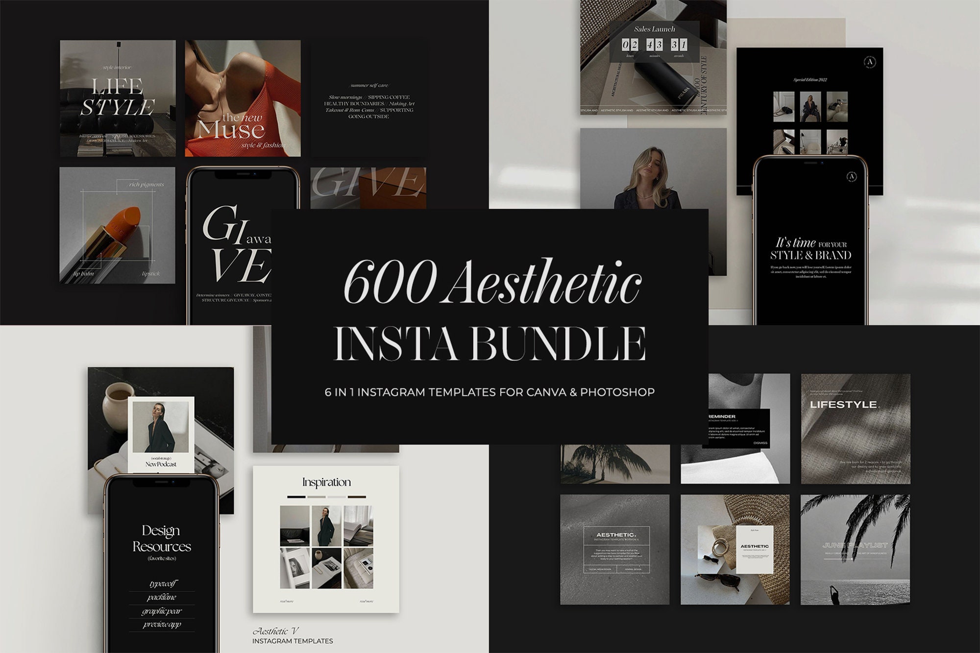 600 Aesthetic Instagram Templates Canva and Photoshop Black - Etsy