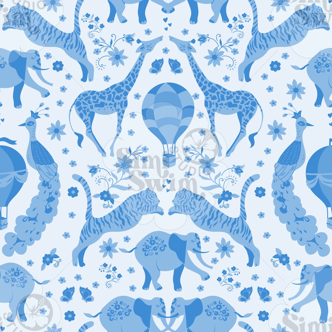 Blue Surreal Circus and Balloons Monochrome Damask Pattern, Digital ...