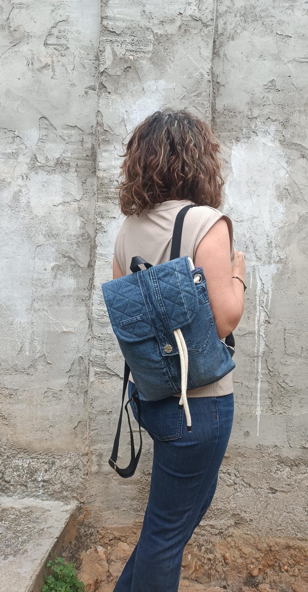 Denim Backpack With Flap and Drawstrings. Recycled Denim Backpack ...