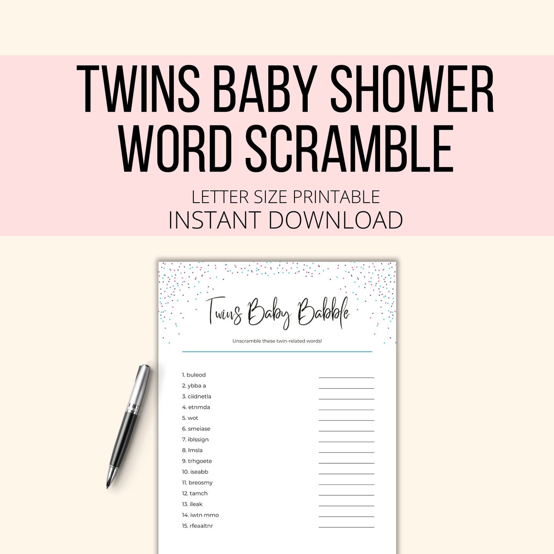 Twins Baby Shower Word Scramble Printable, Twin Baby Shower Game Word ...
