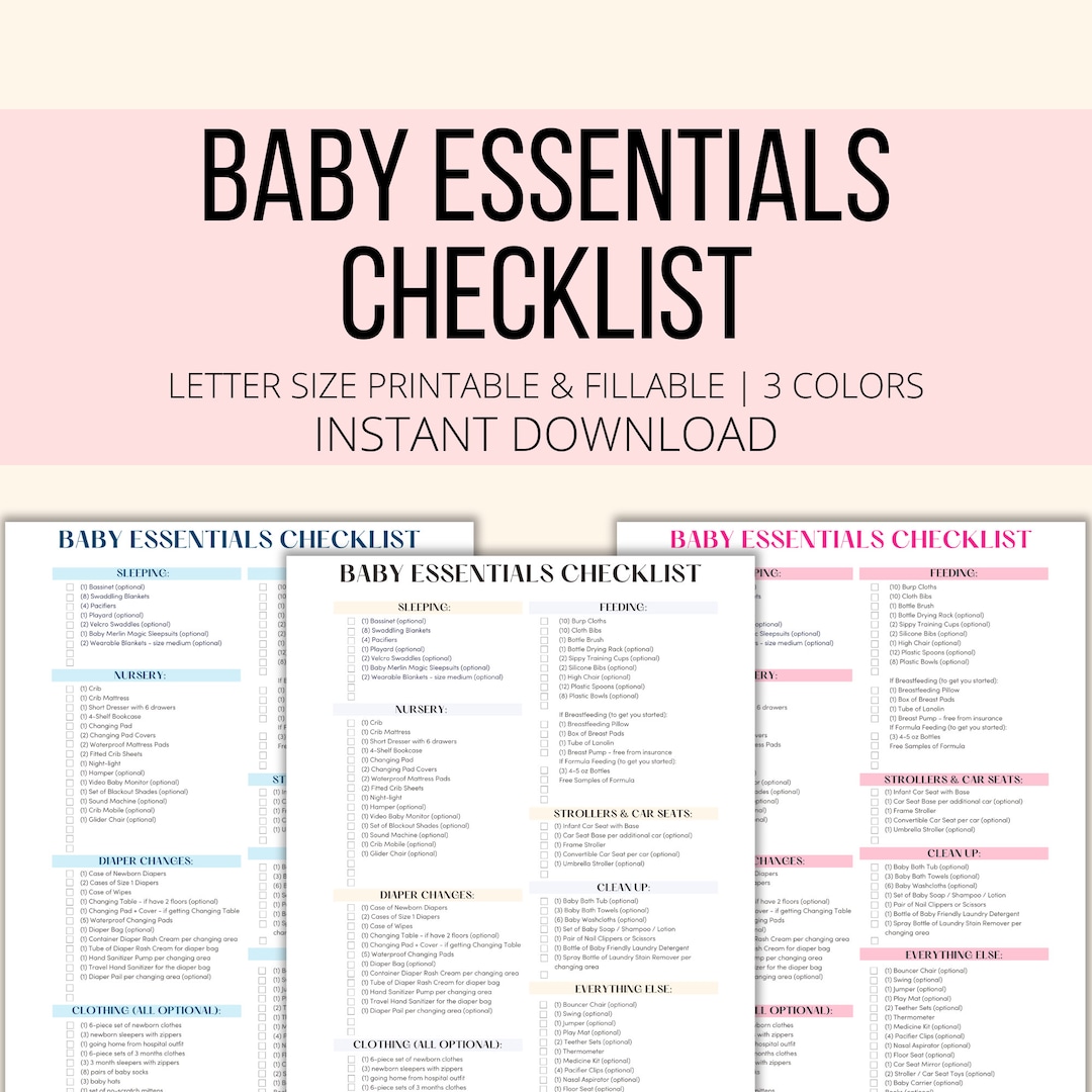 Baby Essentials Checklist Printable & Fillable PDF, Newborn Baby ...