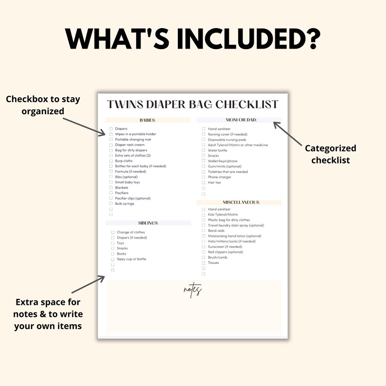 Twin Diaper Bag Checklist Printable, Twin Mom Diaper Bag List PDF, Twin ...
